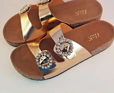 H2K KAREN STONE Buckle Ornament Rose Gold Fashion Slide Flip Flops ...