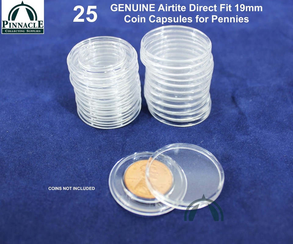 25 GENUINE Airtite Direct Fit Coin Capsules for US Penny and other 19mm ...