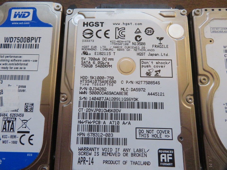 Lot 4x 750GB SATA Laptop HDDs 2.5 Western Digital Seagate Hitachi ...