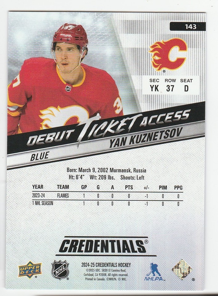 HOCKEY CARD NHL 24-25 CREDENTIALS DEBUT TICKET YAN KUZNETSOV 154/399 ...
