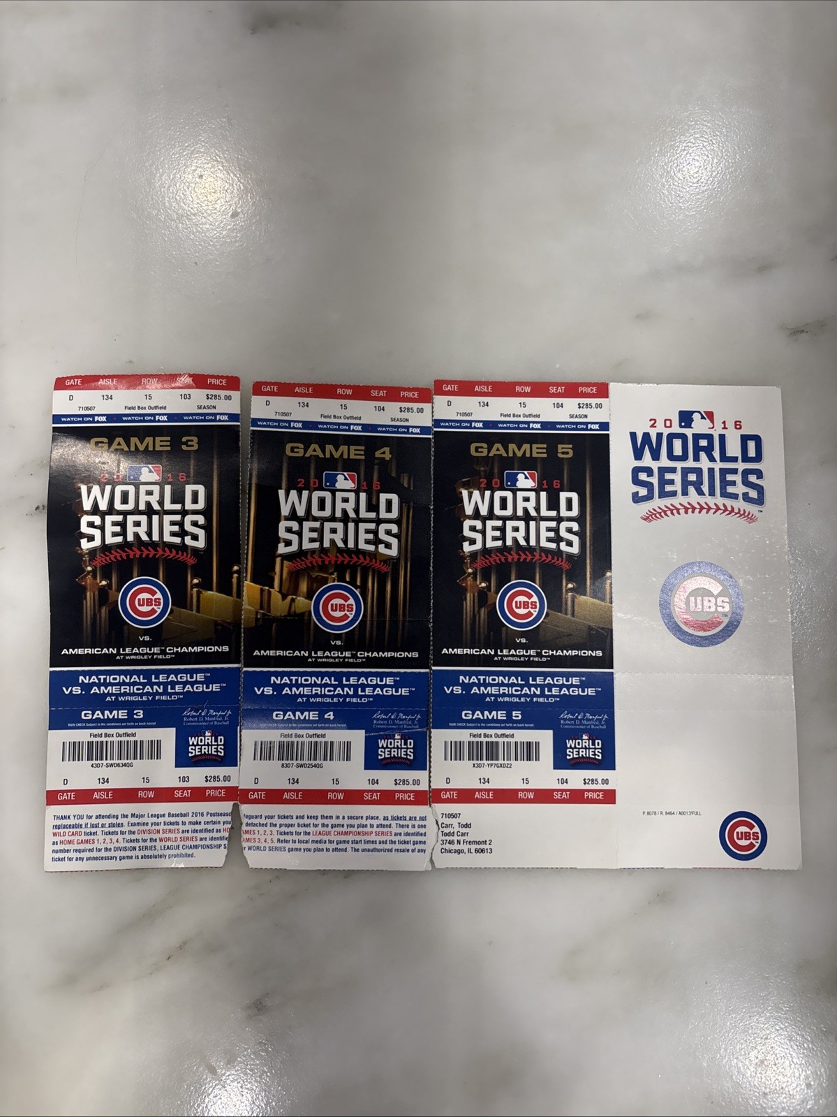 2016 Chicago Cubs World Series Ticket Strip - Games 3-5 at Wrigley ...