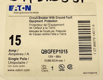EATON QBGFEP1015 Single Pole 15 AMP QBFEP Ground Fault Circuit Breaker ...