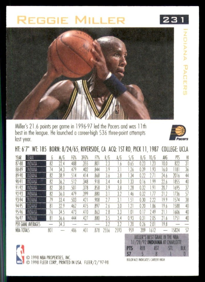 1997-98 Fleer Reggie Miller Indiana Pacers #231 | eBay