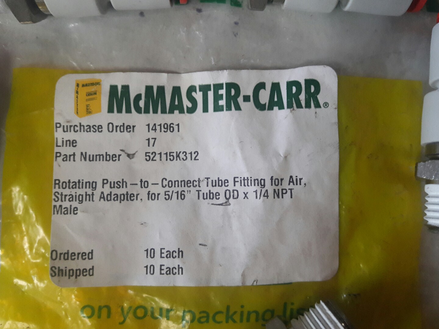 SALE!! 2 McMaster-Carr Roating push 2 connect tube fitting air straight ...
