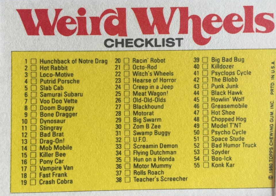 Weird Wheels Stickers Vintage Card Set 55 Sticker Cards Topps 1980 | eBay