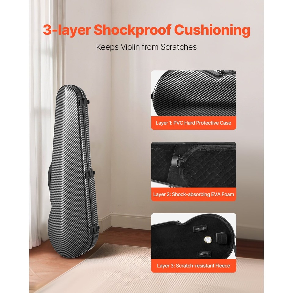 Carbon Fiber 4/4 Full Size Violin Case Portable Violin Box Carrying Bag ...
