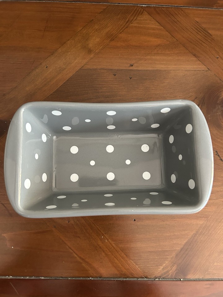 Temptations Grey Polka Dot Small Ceramic Mini Loaf Pan 6x3 1/2 Inch EUC ...