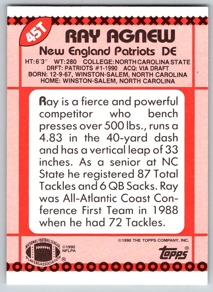 1990 TOPPS TRADED RAY AGNEW RC NEW ENGLAND PATRIOTS #45T | eBay