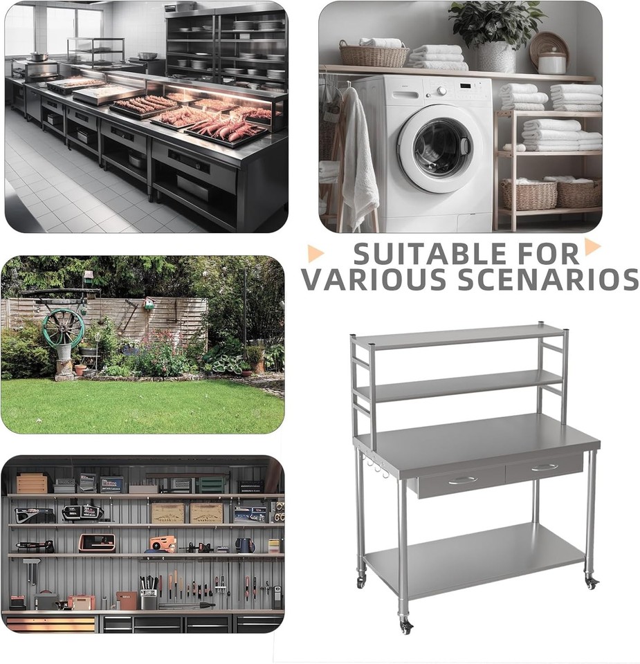 Stainless Steel Heavy Duty Food Preparation Work Tables with Wheels & 2 ...