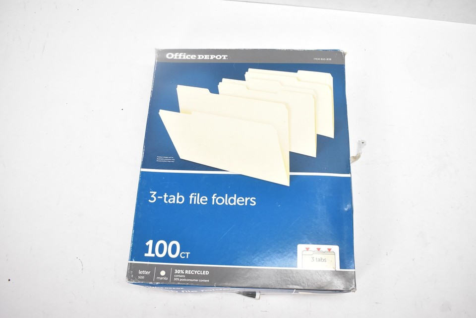 Office Depot 3-Tab File Folders Letter Size Manila 100 Ct 30% Recycled ...