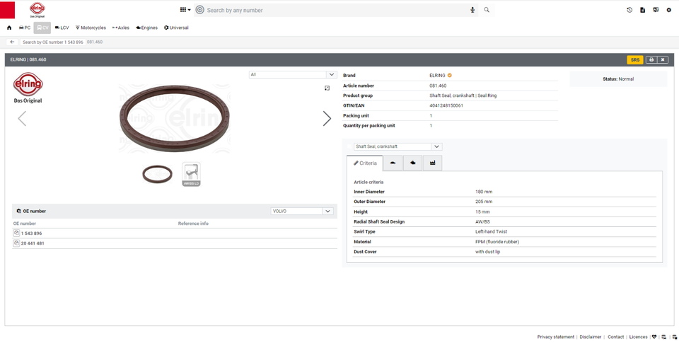 Volvo D13 engine crankshaft rear seal 1543896 Elring brand made in ...