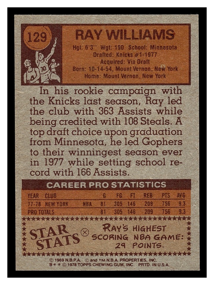 1978 TOPPS RAY WILLIAMS #129 ROOKIE CARD NY KNICKS HIGH GRADE BEAUTIFUL ...