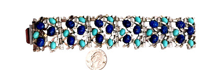 Stunning Boucher Wide Bracelet, Turquoise Blue & Cobalt Glass Cabochons ...