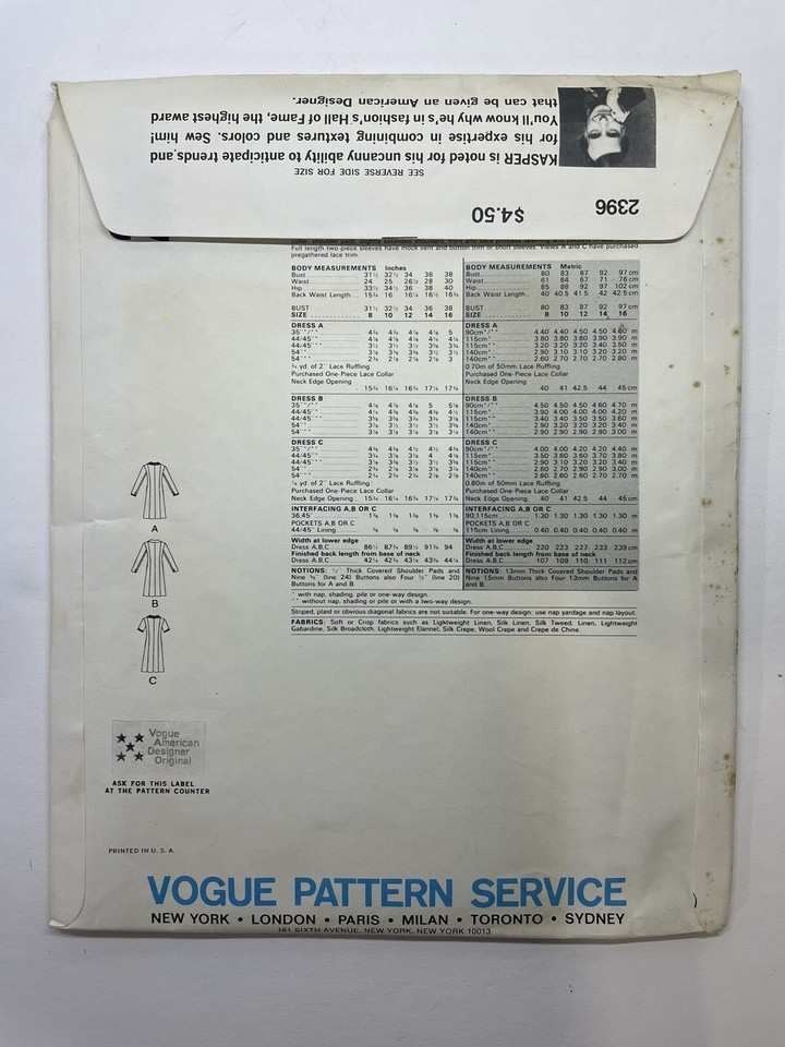 Vintage Vogue American Designer “Kasper” Uncut #2396 | eBay