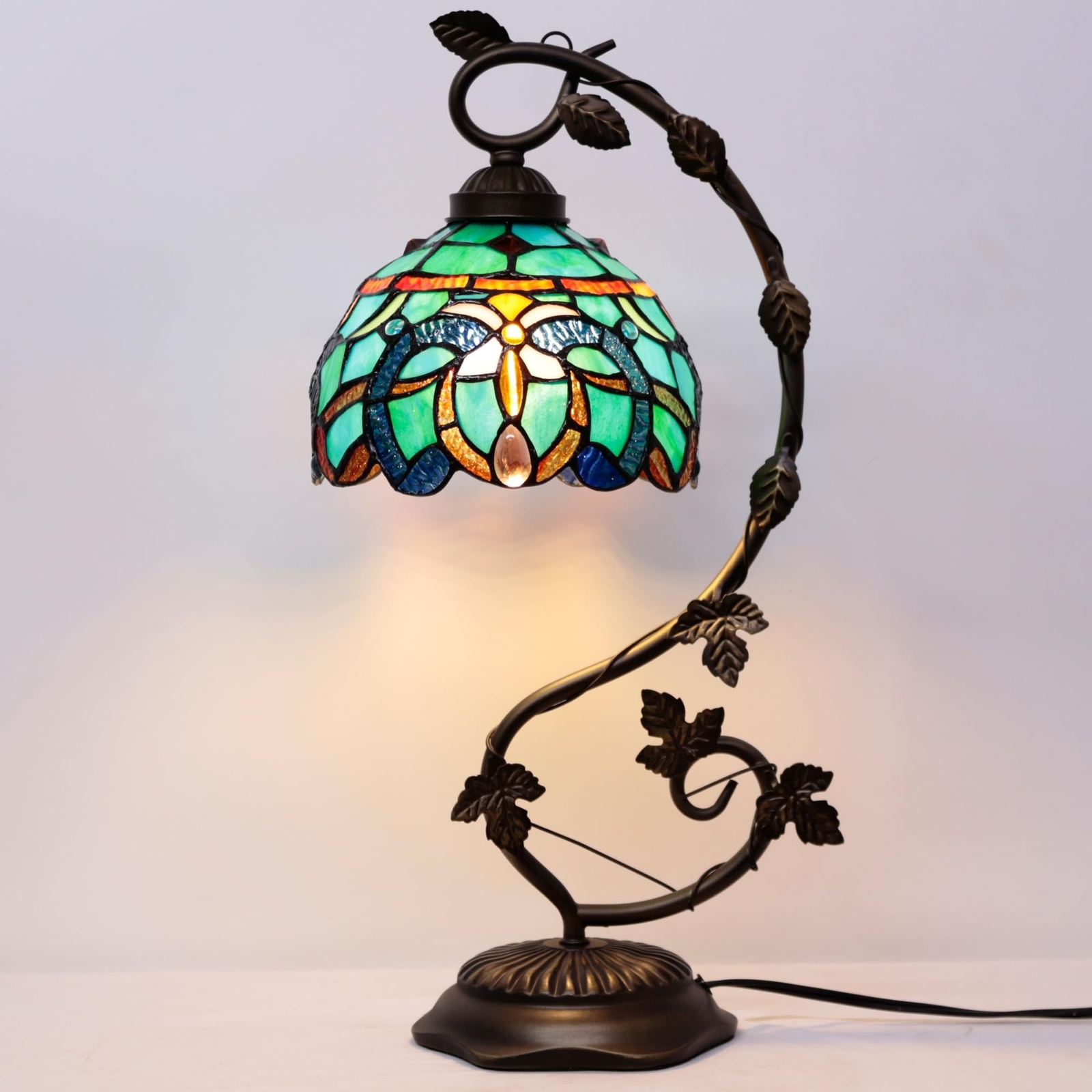 Tiffany Lamp Green Brown Jewelry Baroque Stained Glass Table Lamp Metal ...