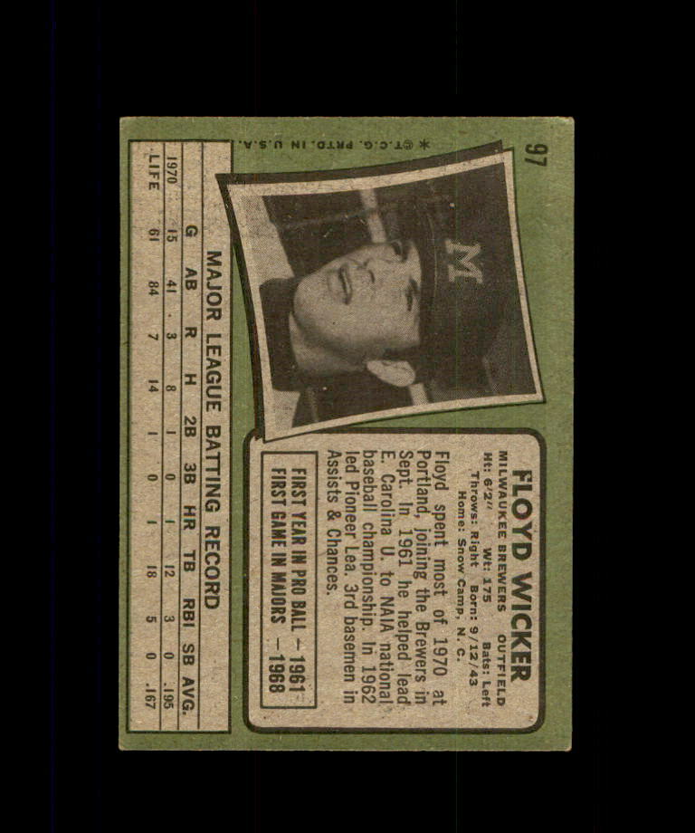 1971 TOPPS BASEBALL CARD MILWAUKEE BREWERS #97 FLOYD WICKER | eBay