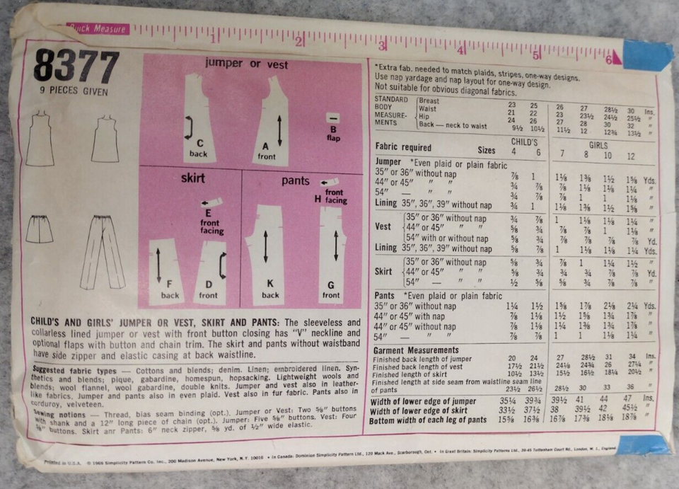 1970 Simplicity Kids Jumper Dress Vest Skirt Pants Pattern 8377 Size 10 ...