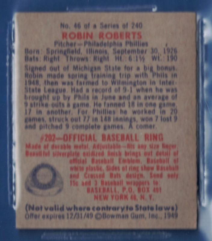 1949 Bowman #46 Robin Roberts Rookie RC BVG 5.5 EX+ HOF Philadelphia ...