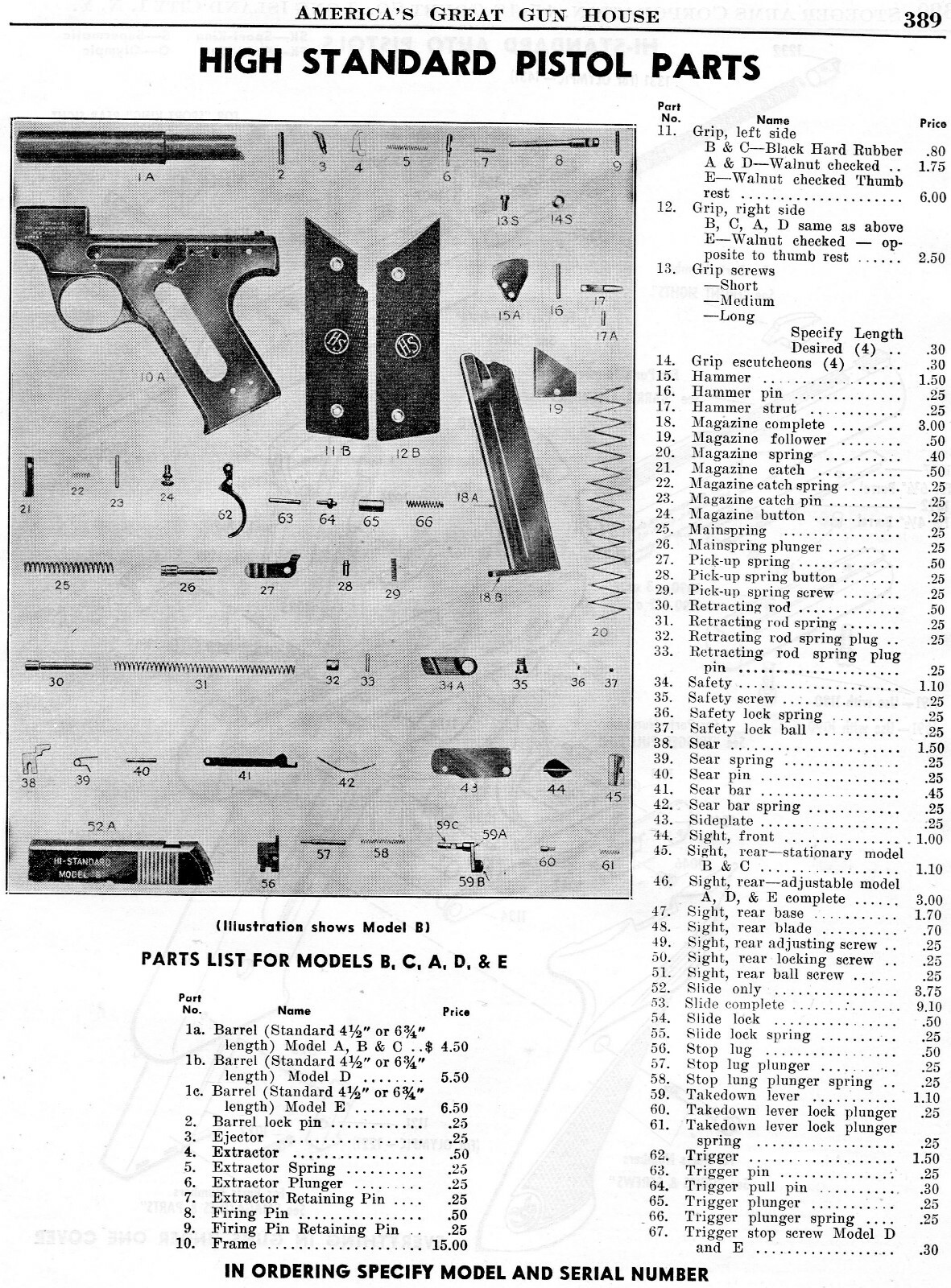 1954 Print Ad of High Hi Standard Model B C A D & E Pistol Parts List ...