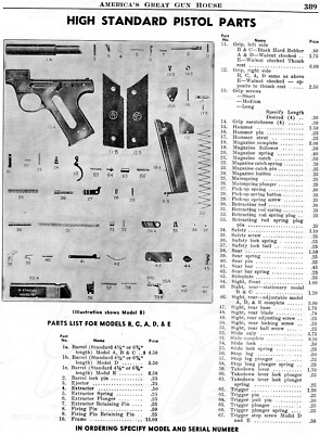 1954 Print Ad of High Hi Standard Model B C A D & E Pistol Parts List ...