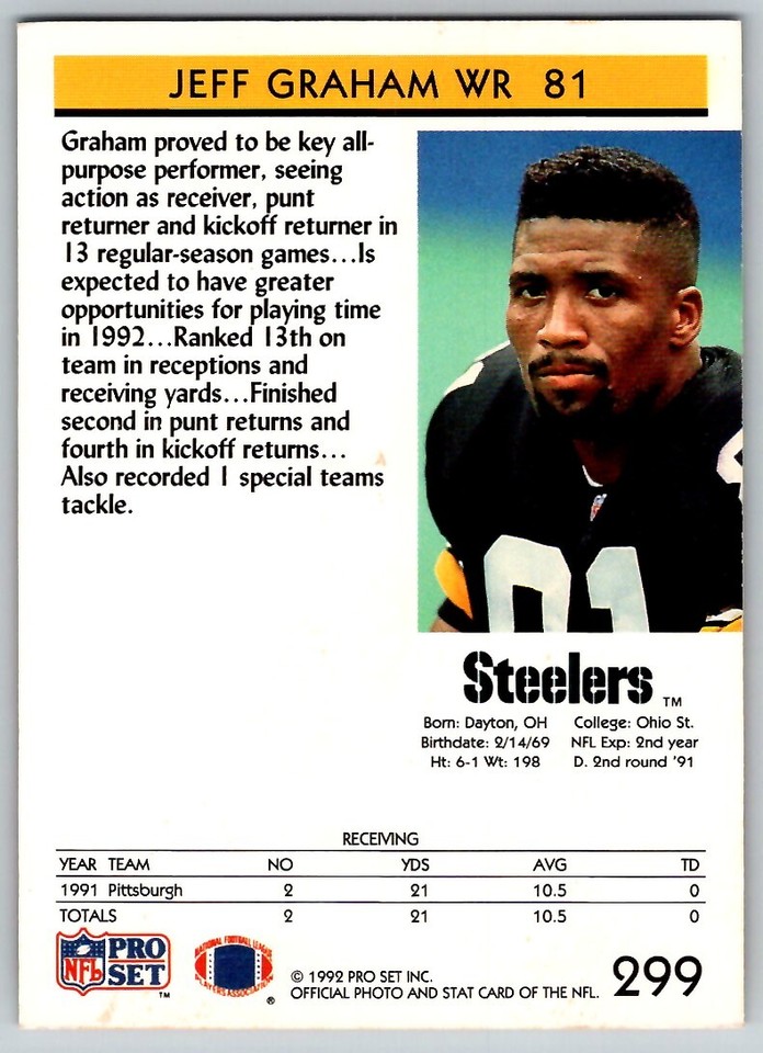 1992 PRO SET JEFF GRAHAM PITTSBURGH STEELERS #299 | eBay
