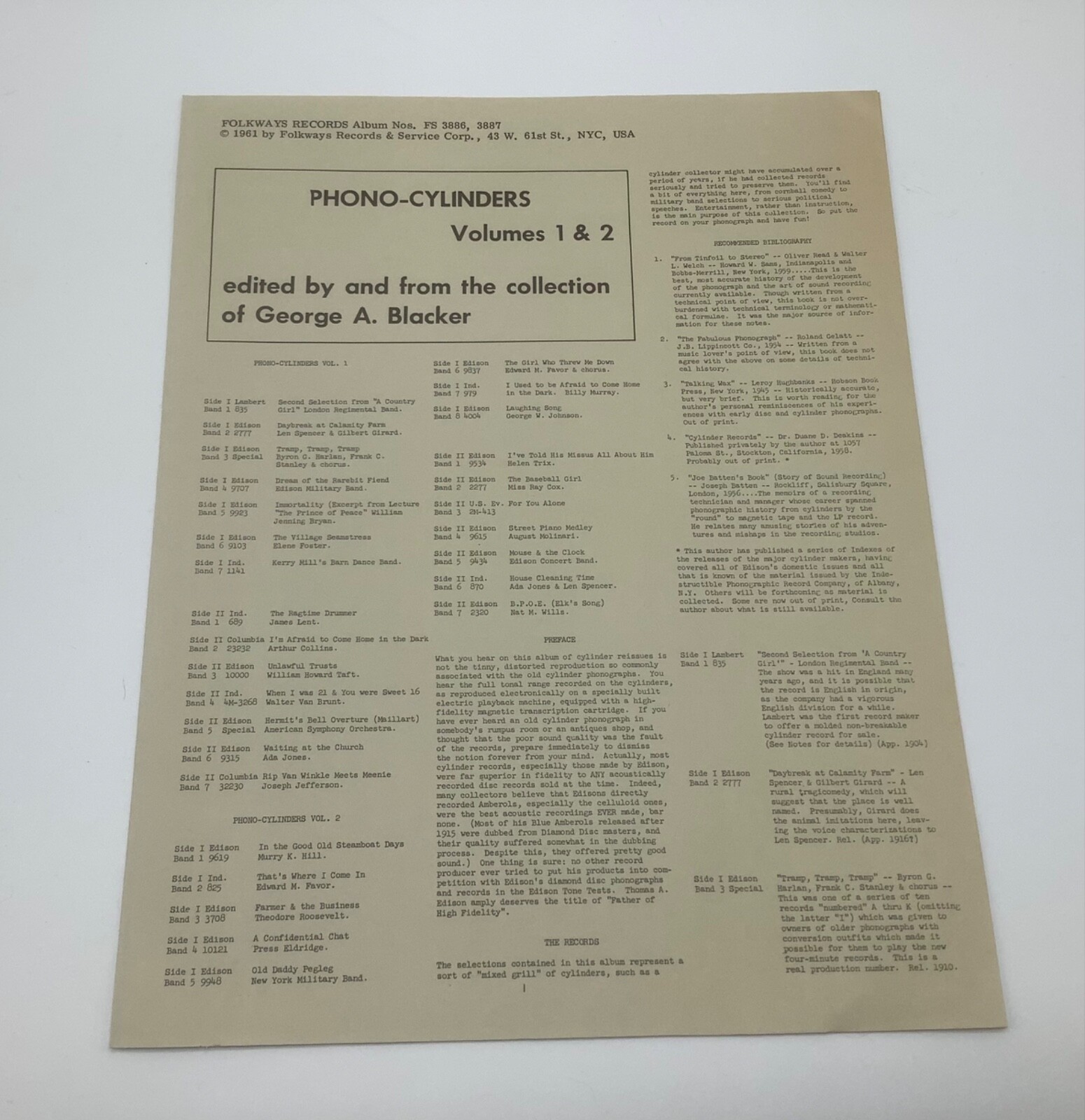 Edison Military Band-Phono Cylinders Vol. 2- 1961 12” Folkways Records ...