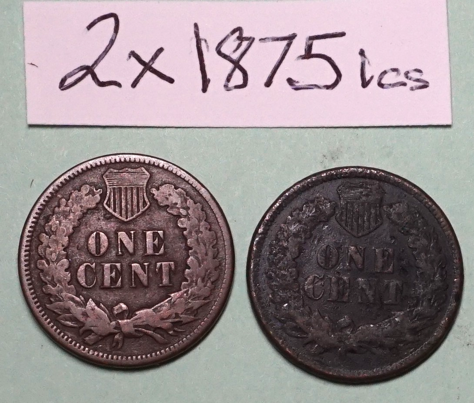 two x 1875 INDIAN HEAD SMALL ONE CENT US COPPER COINS VERY GOOD-FINE ...