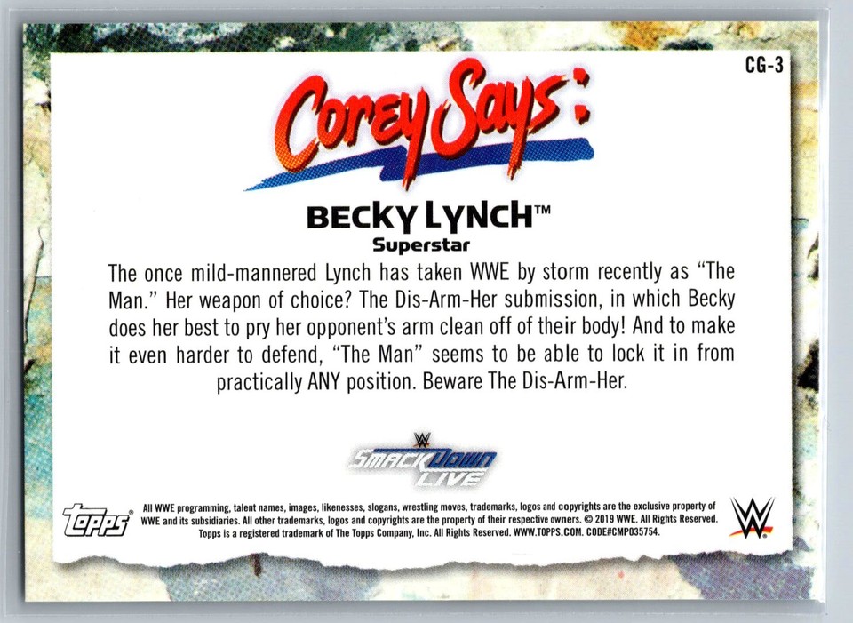 2019 Topps WWE Smackdown Becky Lynch Corey Says Insert #CG-3 | eBay