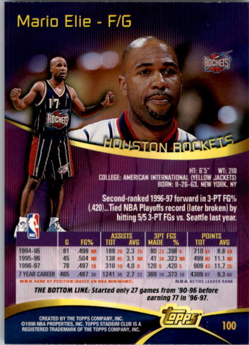 1997-98 Stadium Club Houston Rockets Basketball Card #100 Mario Elie | eBay