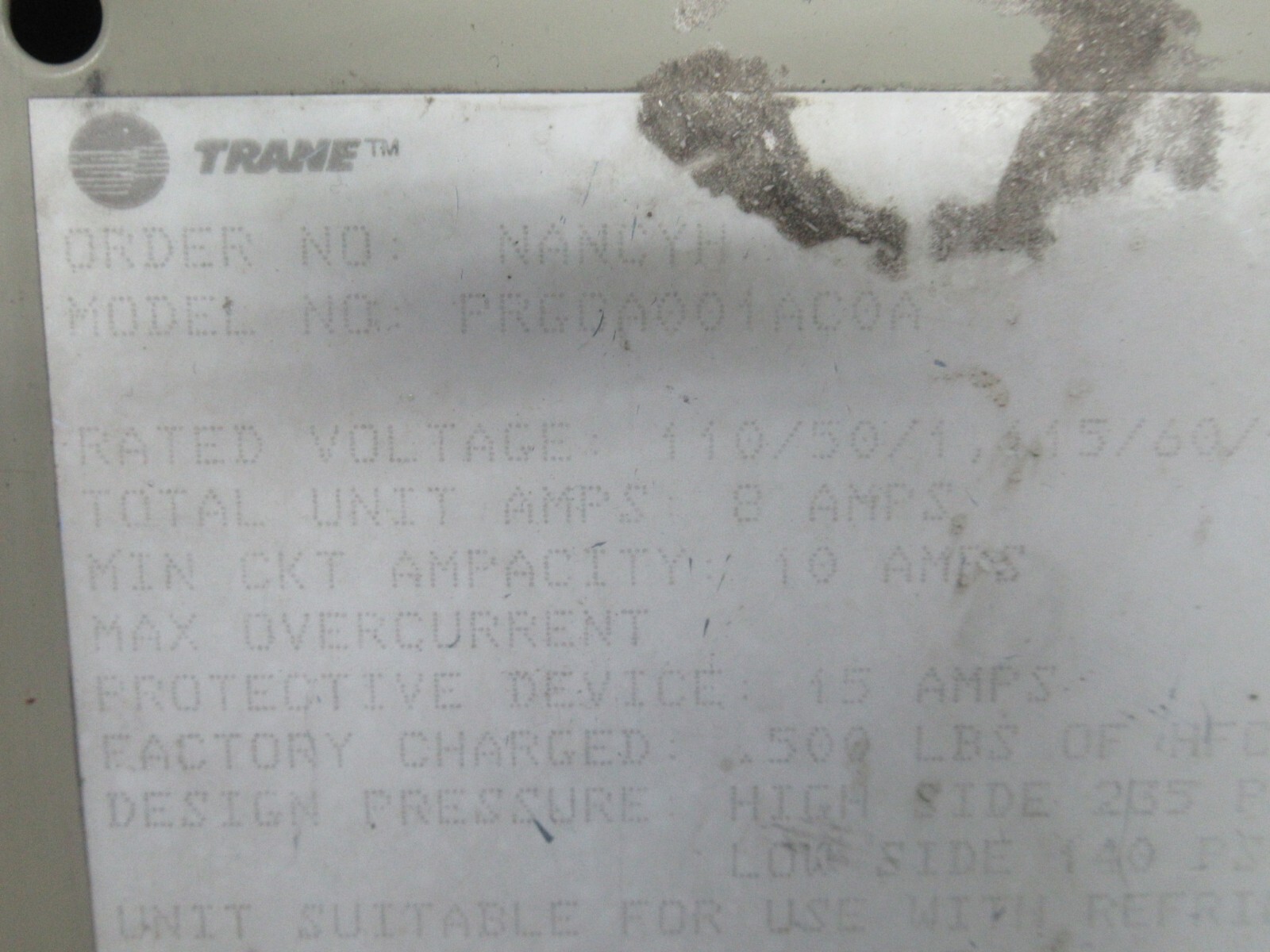 TRANE PURGE MODULE ENCLOSURE PRGC001AC0A X13650454-08 REV. K 110 VOLT ...