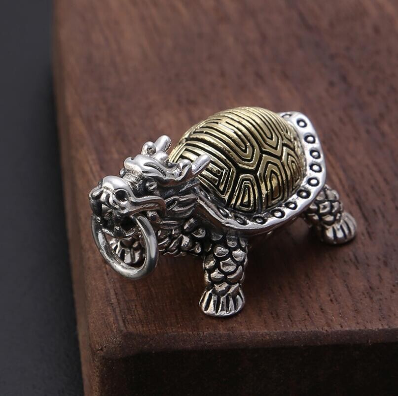 Dragon Turtle .925 Sterling Silver Gold Ornate Chinese Deity Pendant ...