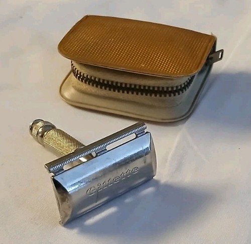 Vintage GILLETTE Mini Travel Safety Razor in Gold Zipper Case Good ...