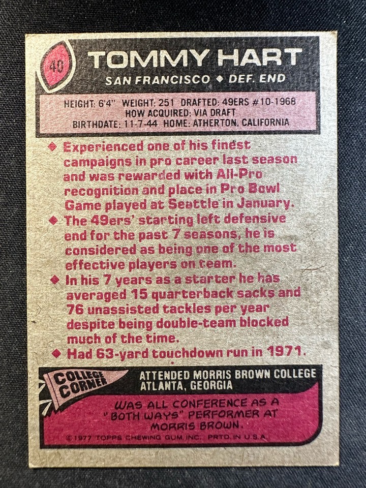1977 Topps Football #40 Tommy Hart 49ers NM | eBay