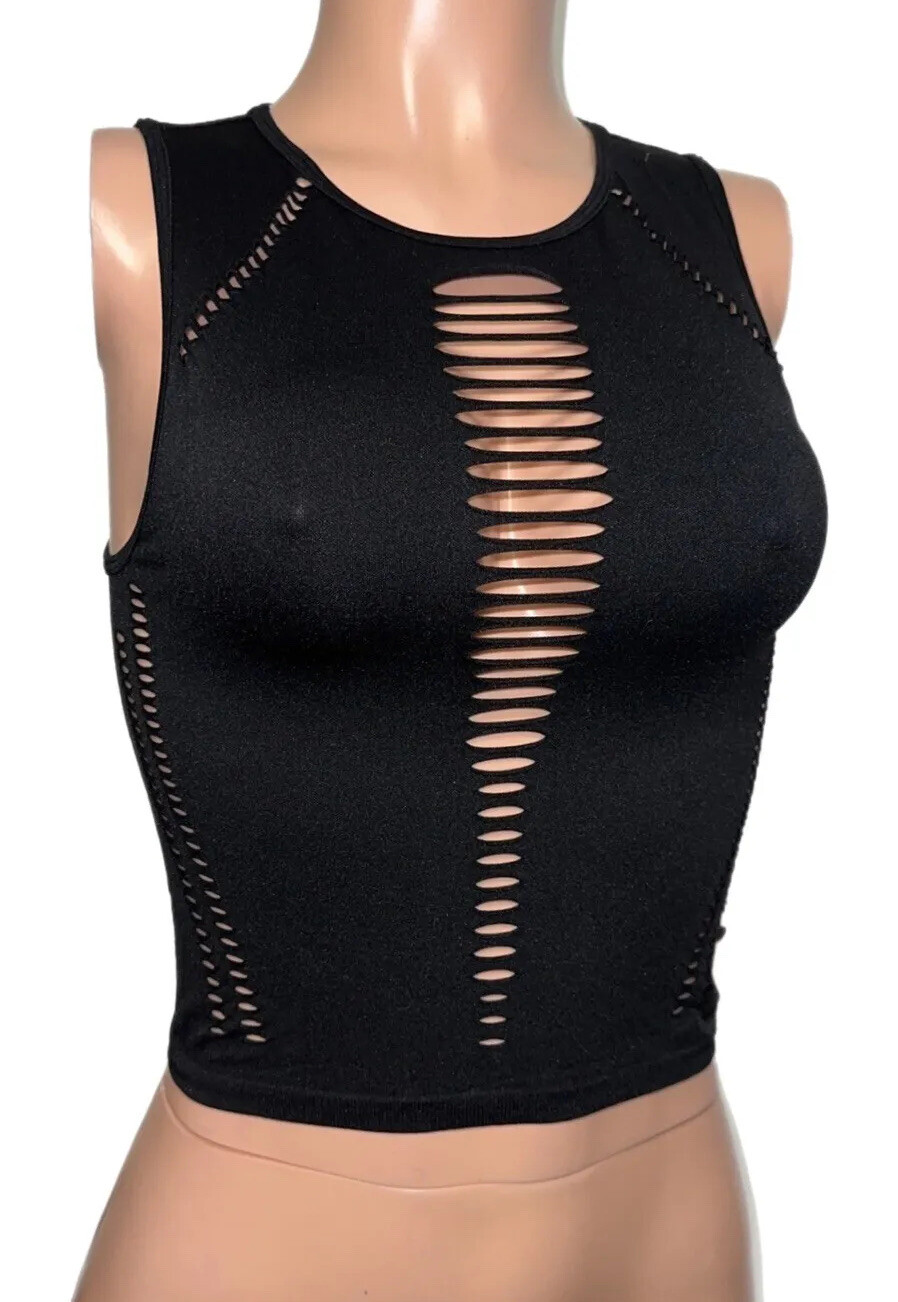 Black Seamless Slim Fit Stretchy Cut Out Slashed Cleavage Top Punk ...