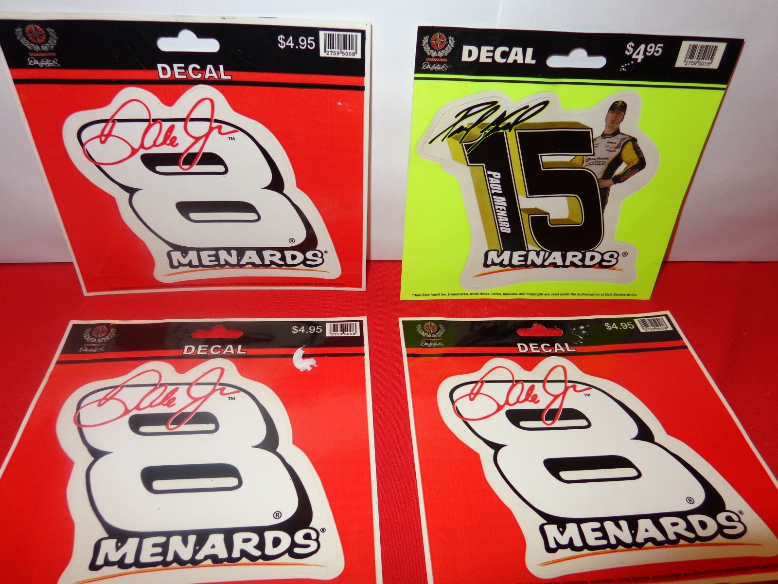 4 VINTAGE MENARDS AUTO RACING DECALS 3 DALE EARNHARDT JR. 1 PAUL MENARD ...