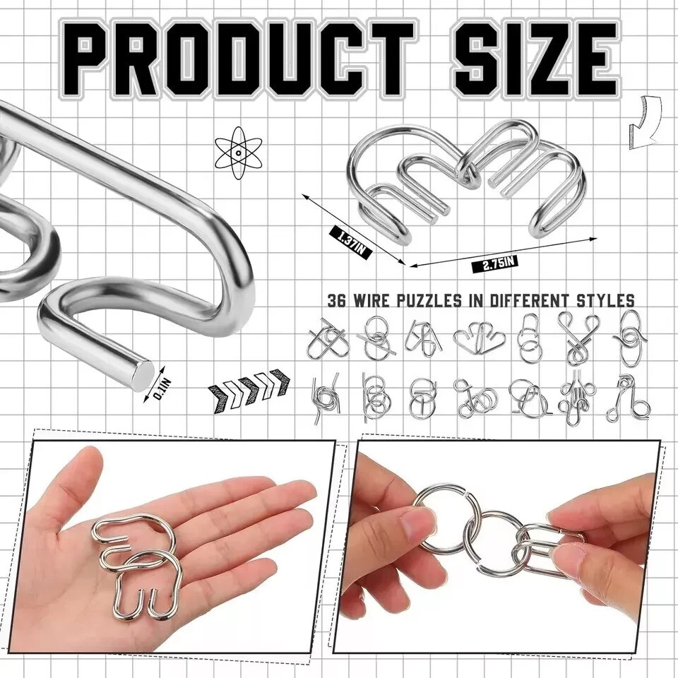 Metal Brain Teaser Puzzles Set of 36 with Pouch Steel IQ Puzzle Games ...