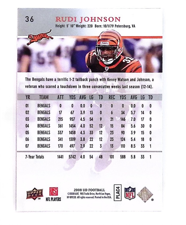 Rudi Johnson 2008 Cincinnati Bengals Upper Deck Football #36 | eBay