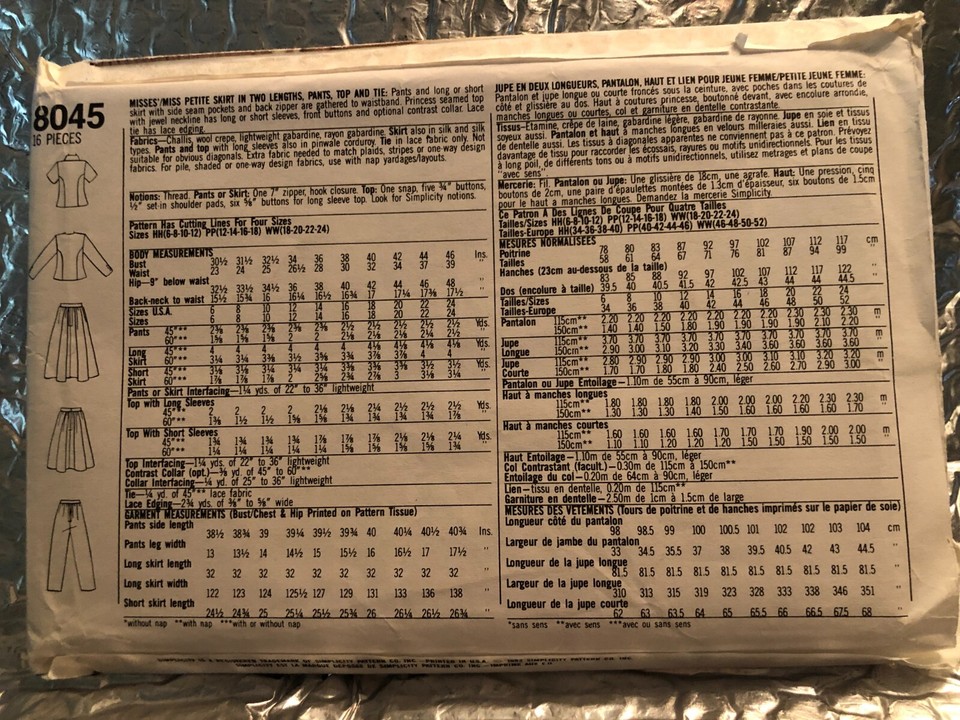 Simplicity Pattern 8045 MISSES & PETITE SKIRT PANTS TOP TIE Sz 6-12 ...