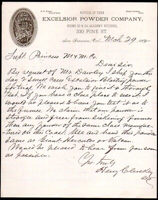 1882 San Francisco - Excelsior Powder Co - Blasting - Rare Letter Head ...