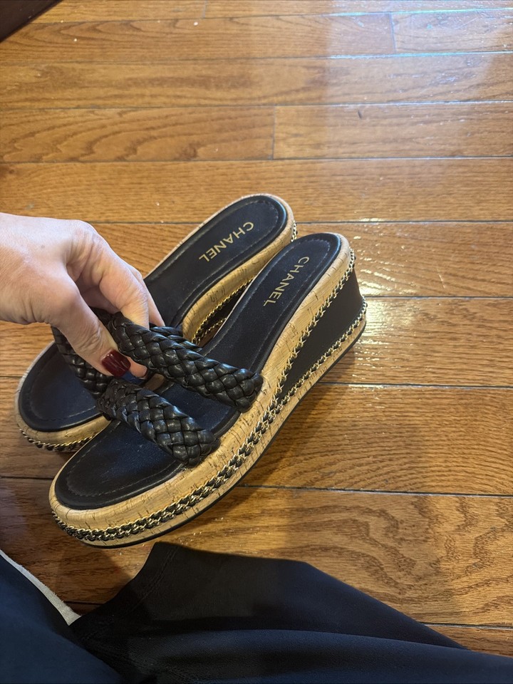 Chanel Sandals Shoes Ripped Missing Cc Logo Black Sz 40 Wedge ...