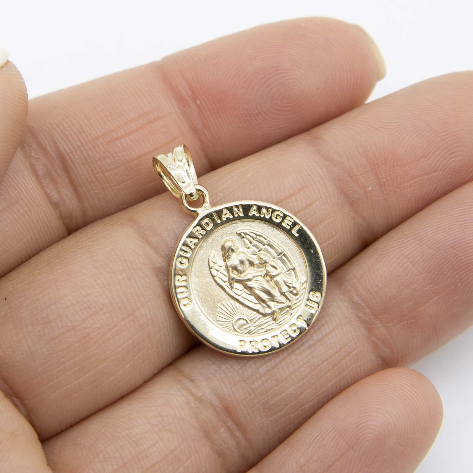 1" Textured Guardian Angel Medallion Pendant Real 14K Yellow Gold | eBay