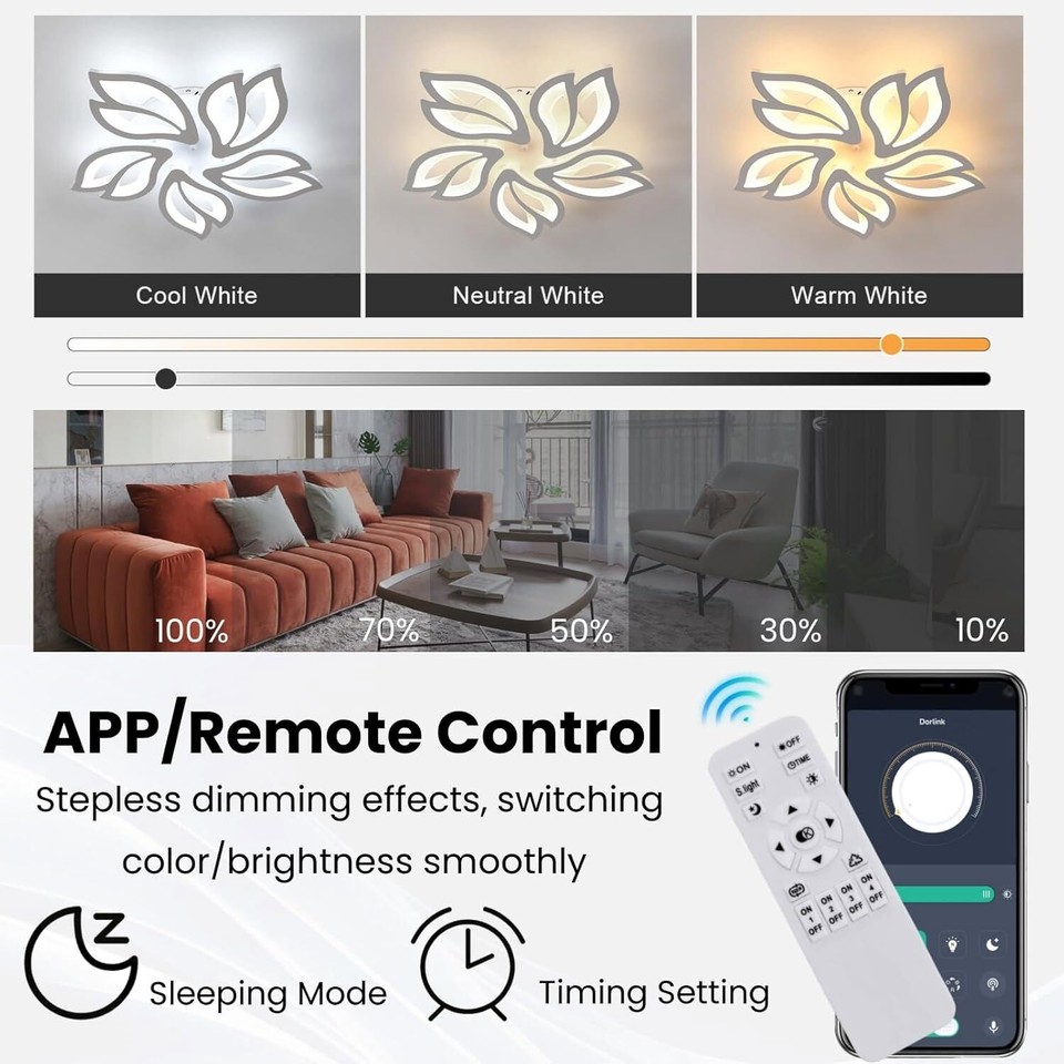 45W Dimmable Modern LED Ceiling Light Flower Chandelier Remote Control ...
