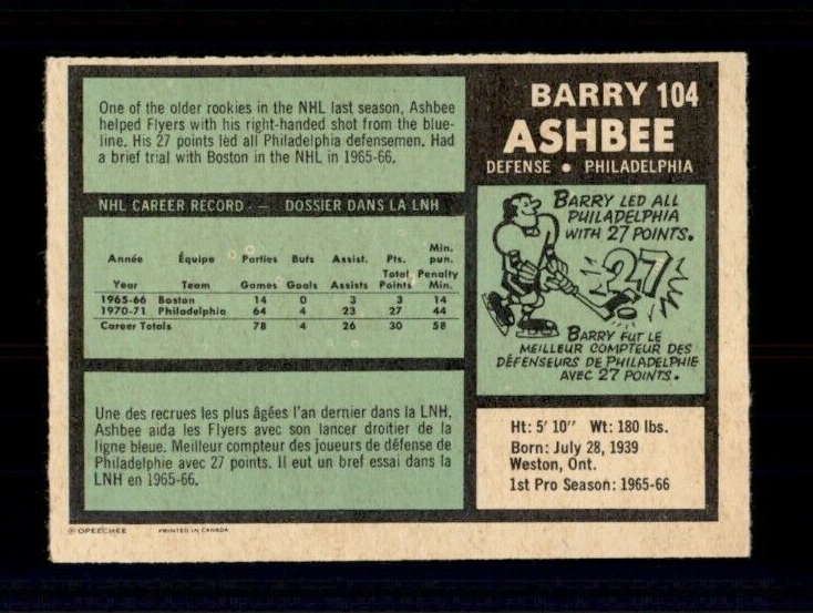 1971-72 O-Pee-Chee #104 Barry Ashbee RC EXMT | eBay