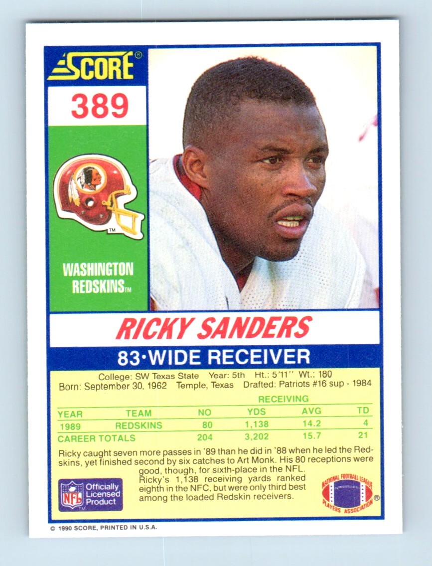 1990 Score Ricky Sanders Washington Redskins #389 | eBay
