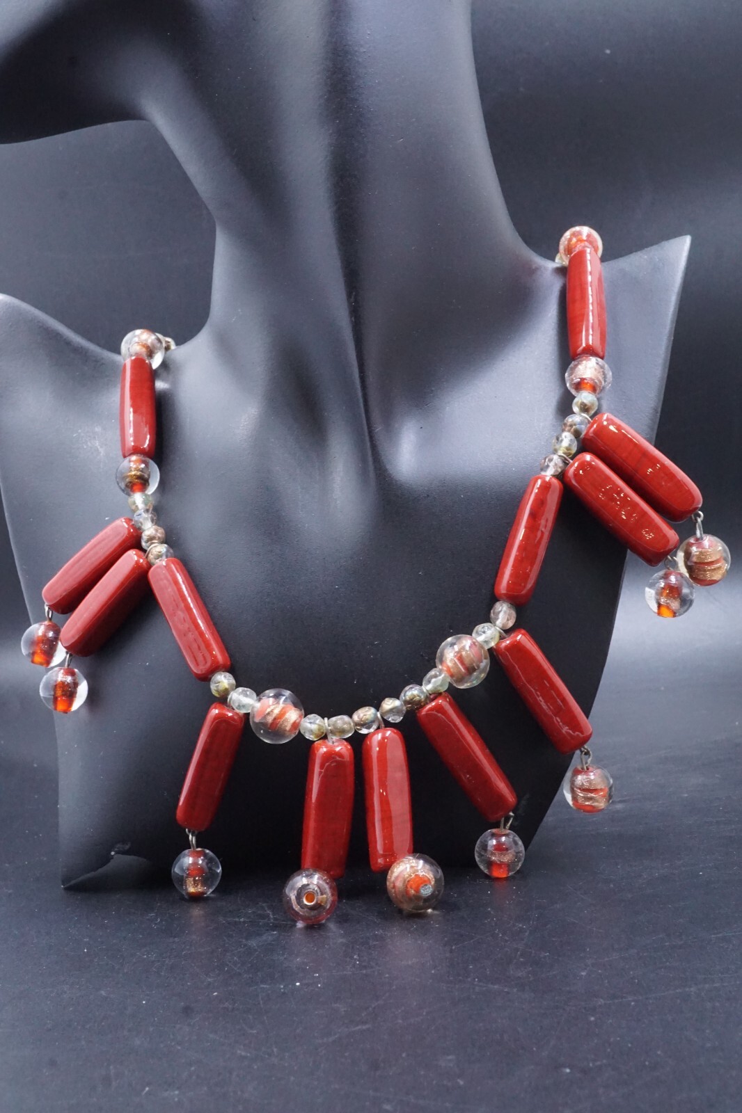 VTG Murano Venetian Red Tube Art Glass & Wedding Cake Bead Necklace 19 ...