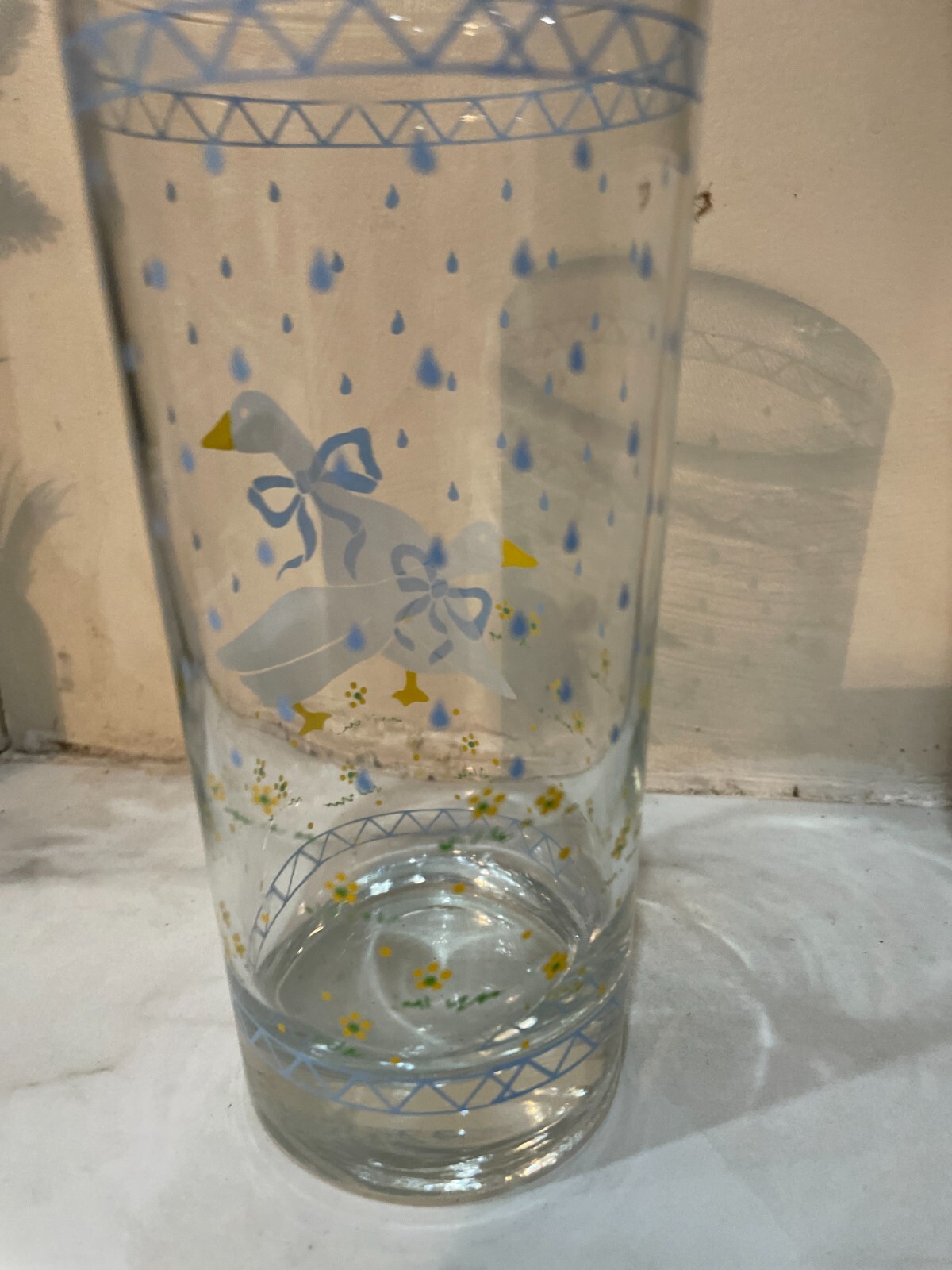 Vintage geese goose blue ribbon drinking glass tumbler flowers Mint 6. ...