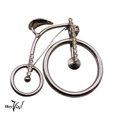 Vintage Penny Farthing Bicycle Pin 3" Brooch Silver Metal Rhinestones ...
