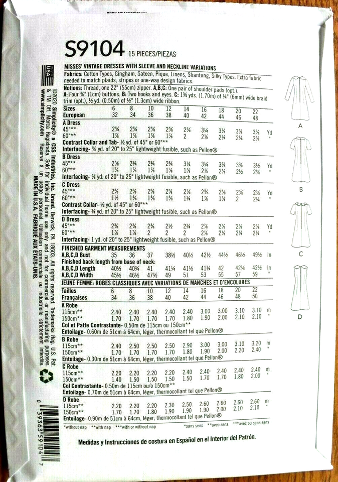 SIMPLICITY PATTERN 9104 DRESSES RETRO 60S MISSES SIZES 6 8 10 12 14 ...