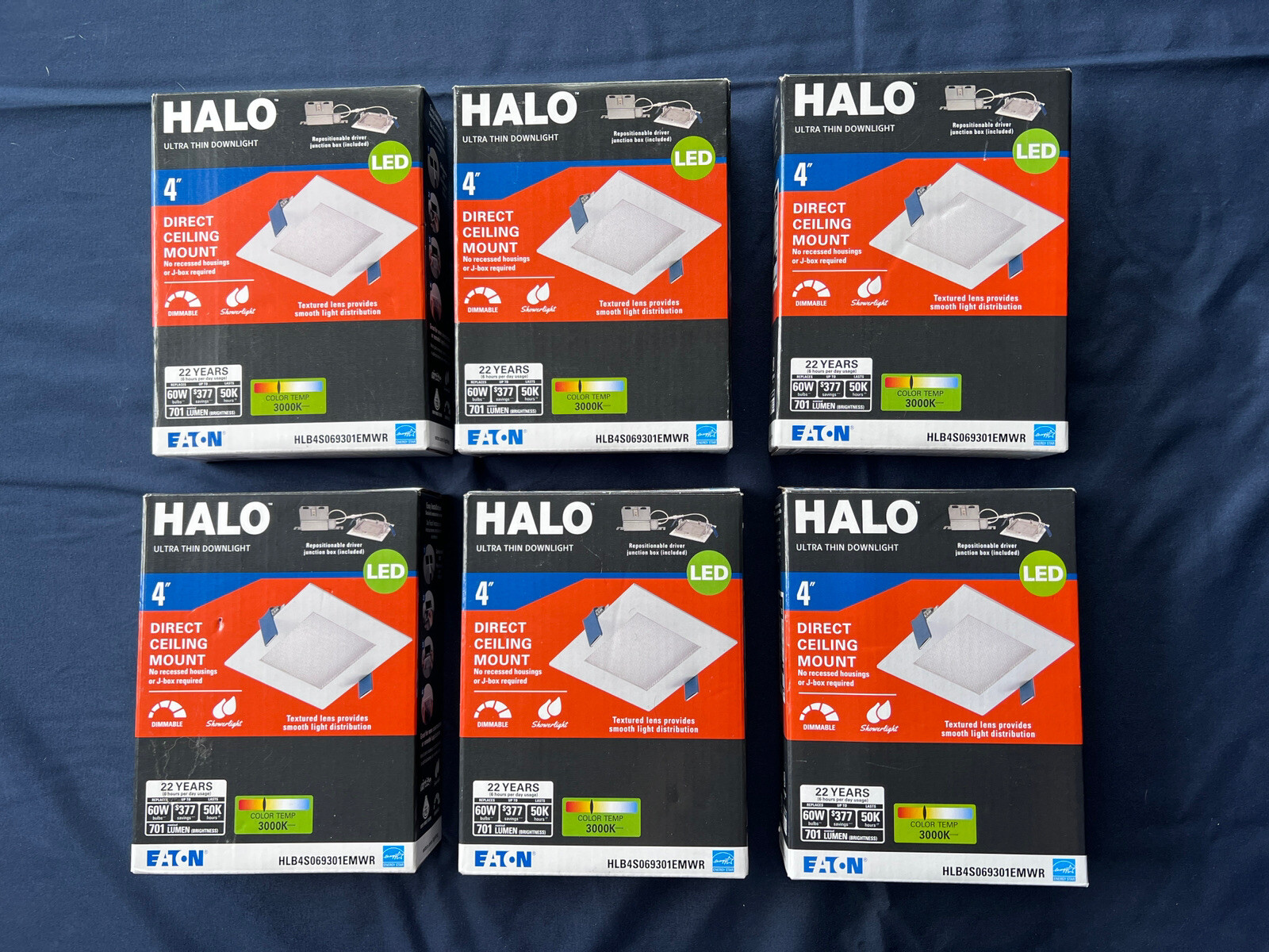Halo HLB 4" Square LED Ultra Thin Downlight Direct Ceiling Mount 6 Pack ...