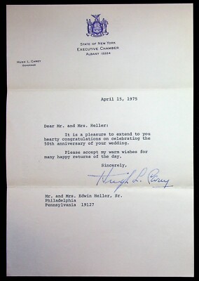 Hugh L. Carey Signed New York State Executive Chamber Letterhead 1975 ...